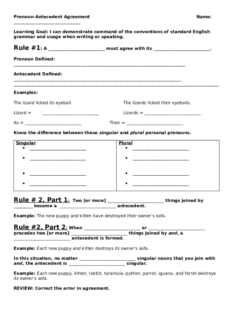 Pronoun-Antecedent Agreement L.5.1 Grade Practice Test ... Doc Template ...