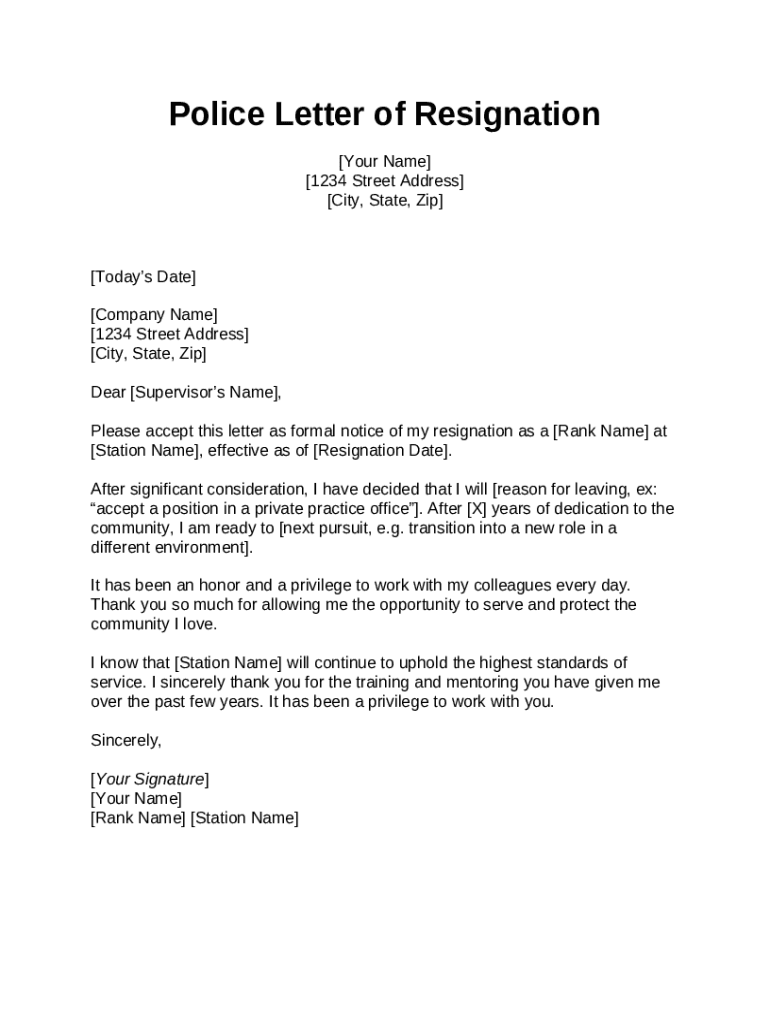Police Letter of Resignation Doc Template Doc Template | pdfFiller