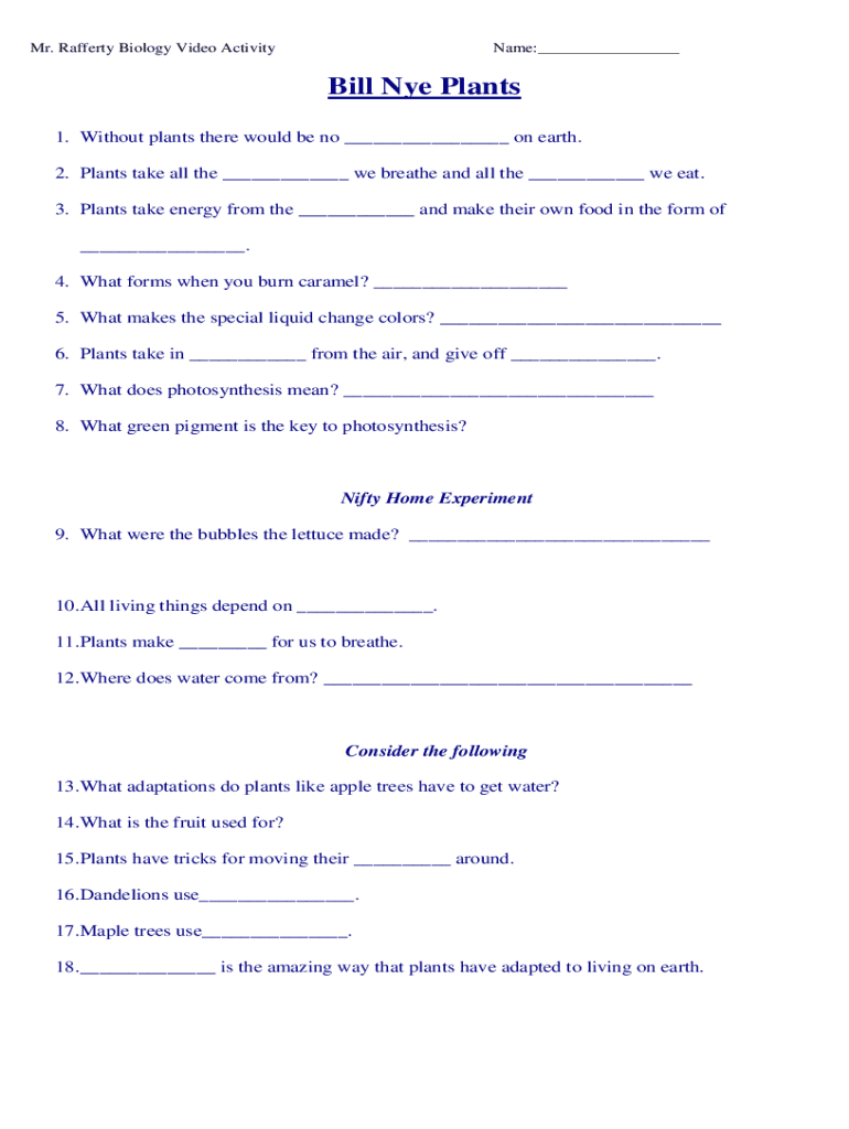 Fillable Online Bill nye - plants movie sheet Fax Email Print - pdfFiller