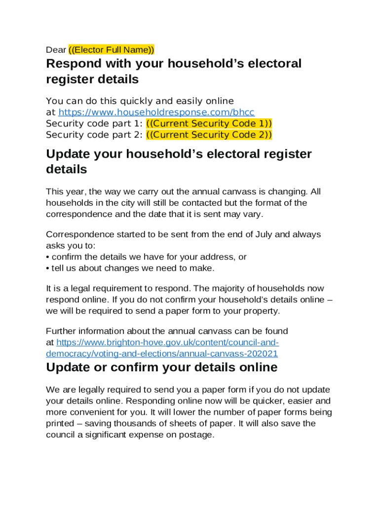 Update your annual canvass household registration Doc Template | pdfFiller