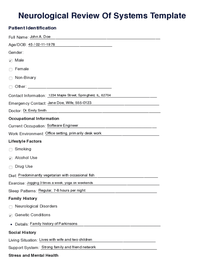 Fillable Online Neurological Review Of Systems Template & Example Fax ...
