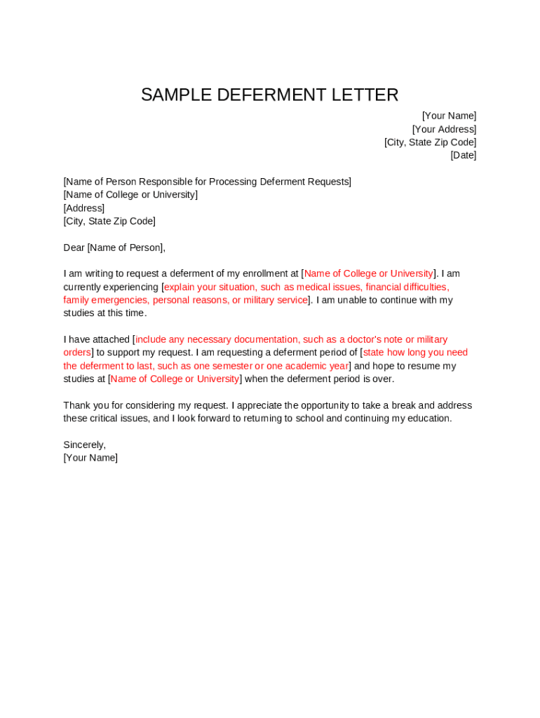 25 Sample Letters to Defer Admission - Apt Tones Doc Template | pdfFiller