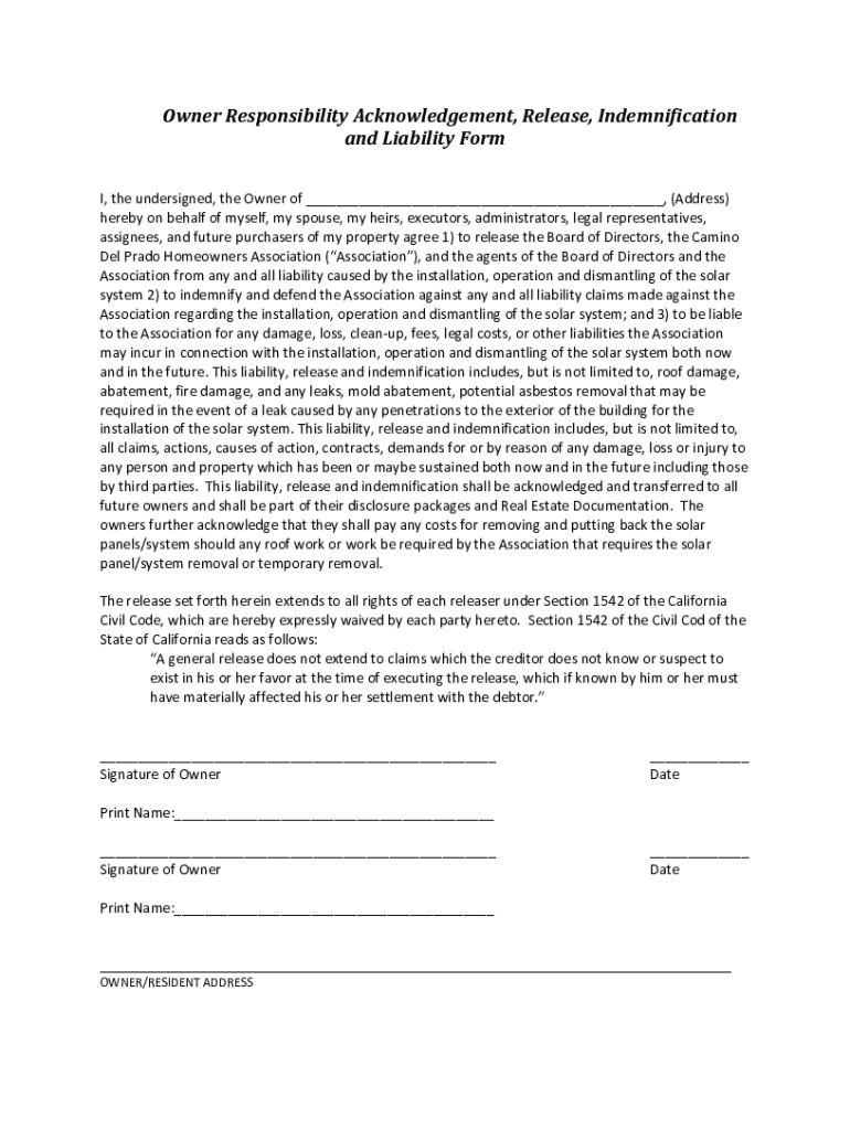 Fillable Online Owner Responsibility Acknowledgement and Liability Form ...