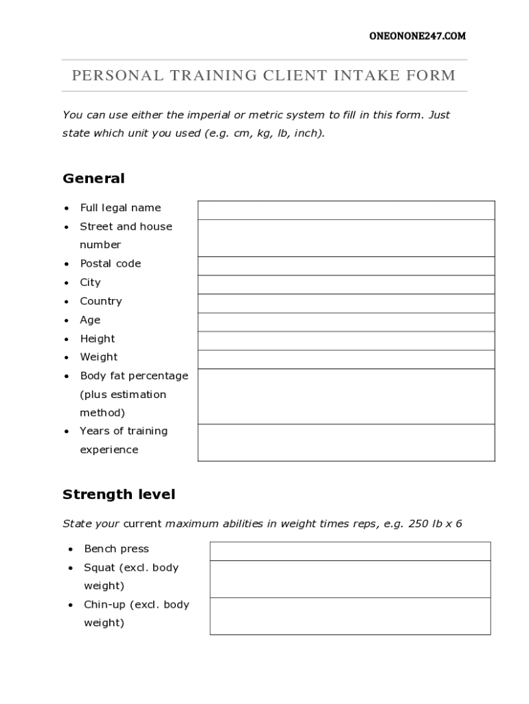 Fillable Online PERSONAL TRAINING CLIENT INTAKE FORM Fax Email Print ...
