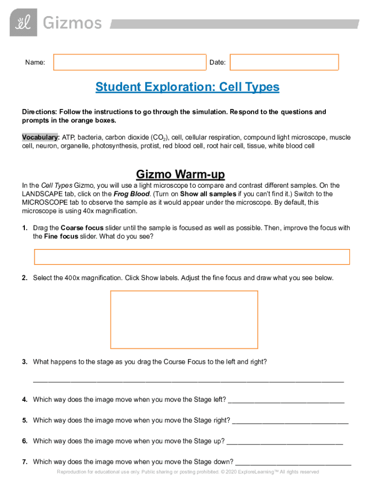Fillable Online Cell Types Gizmos Warm-Up & Activities A & B SE Sheet ...