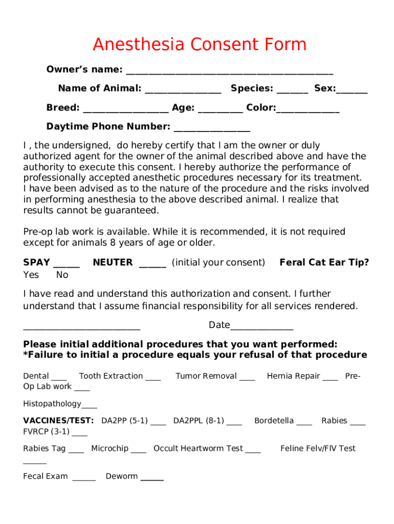 Providence Veterinary Hospital Surgery Consent Doc Template | pdfFiller