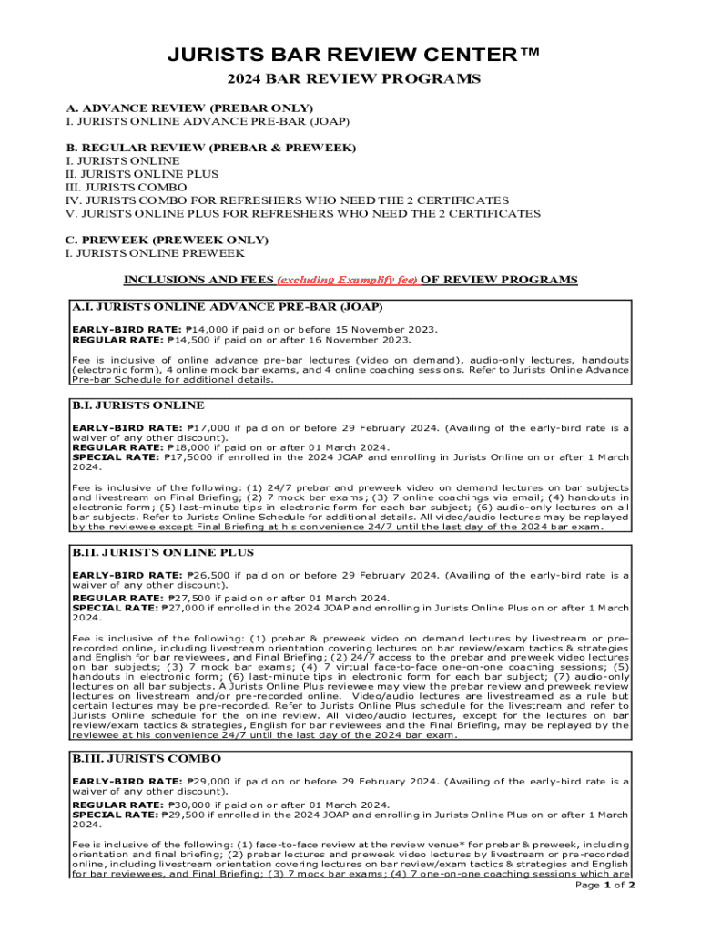 Fillable Online UP BRI Advance Bar Review Program or Jurists Online Pre ...