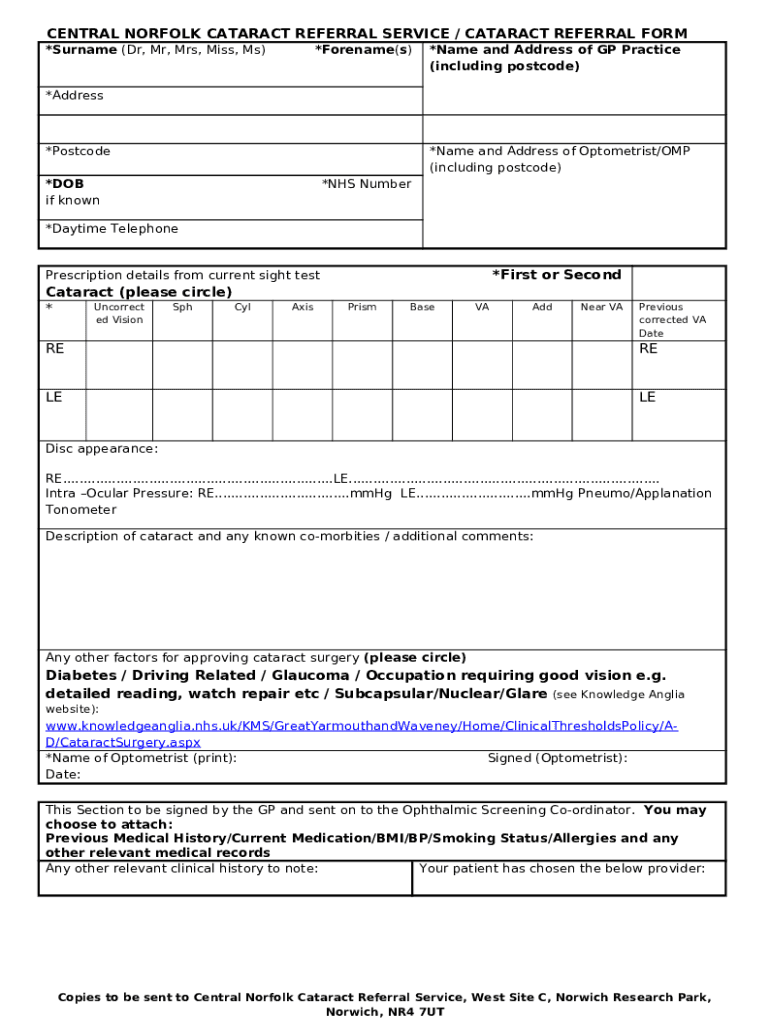 Central Norfolk Cataract Referral (Manual) Doc Template | pdfFiller