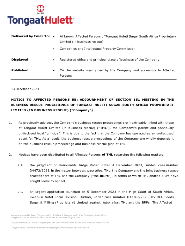 Fillable Online All known Affected Persons of Tongaat Hulett Sugar ...