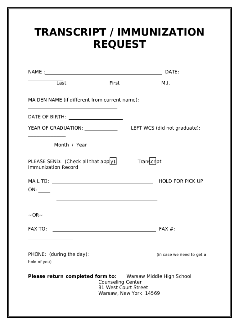 Immunization and Transcript Request Doc Template | pdfFiller