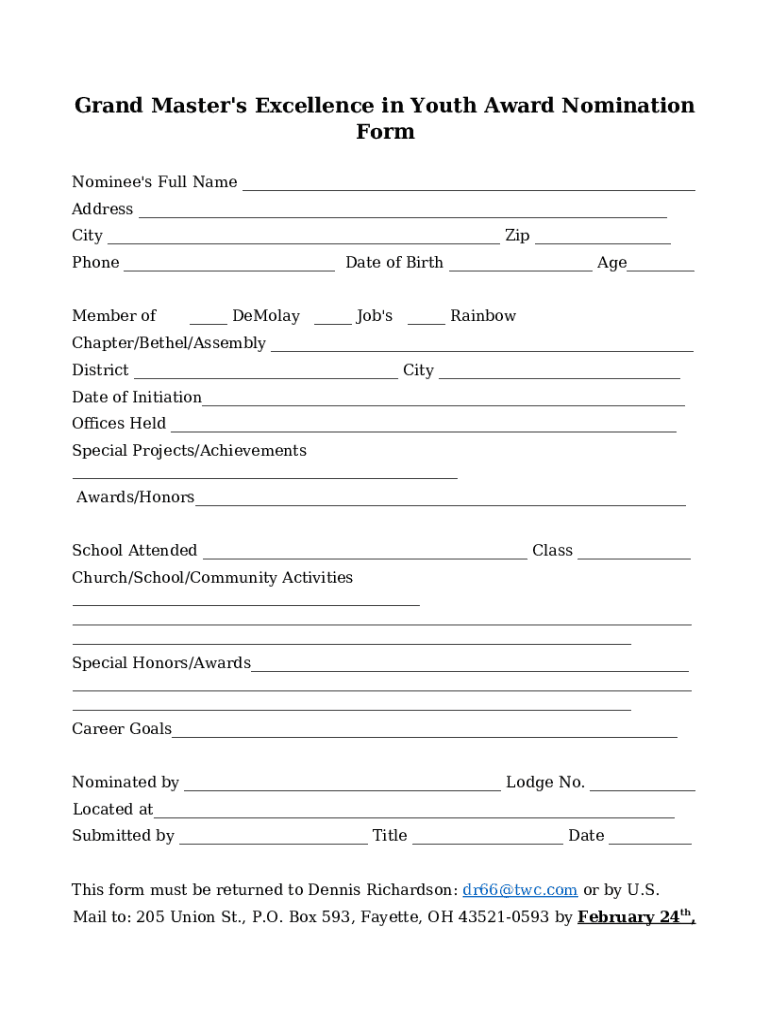 Grand Master's Excellence in Youth Award Nomination Doc Template | pdfFiller