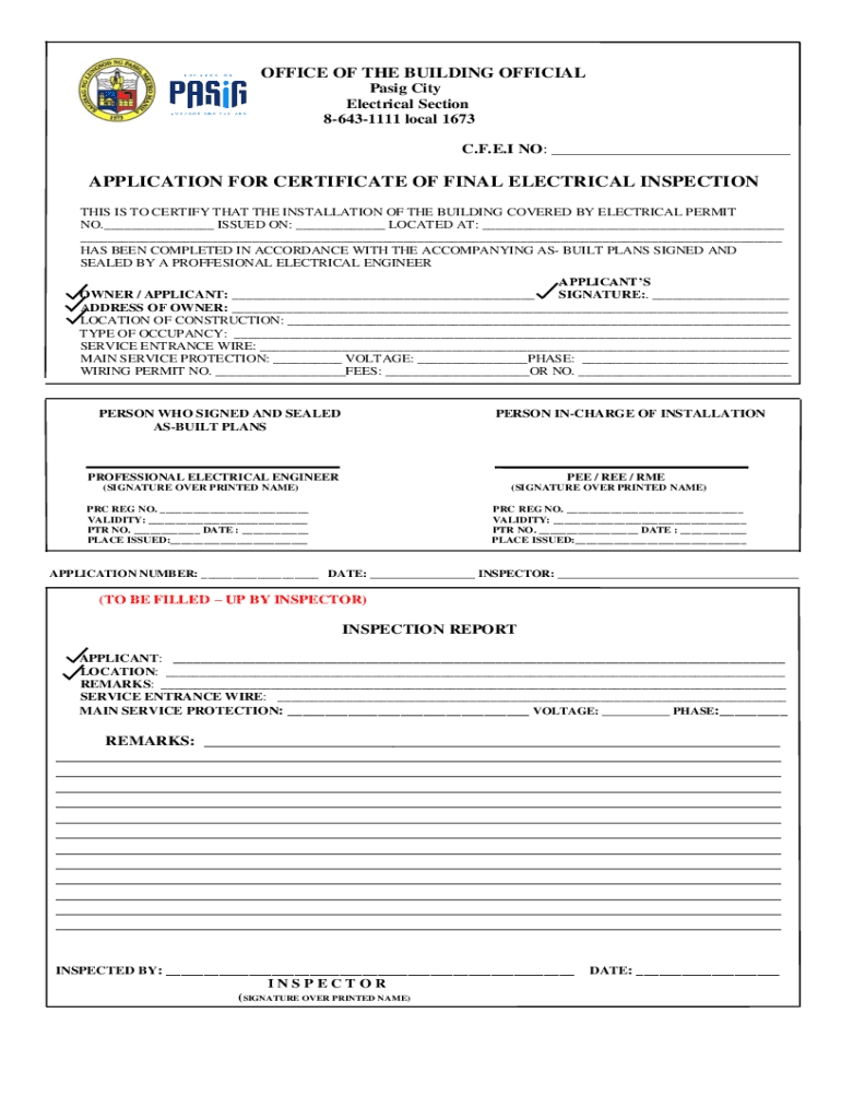 Fillable Online Certificate of Final Electrical Inspection Pasig City ...