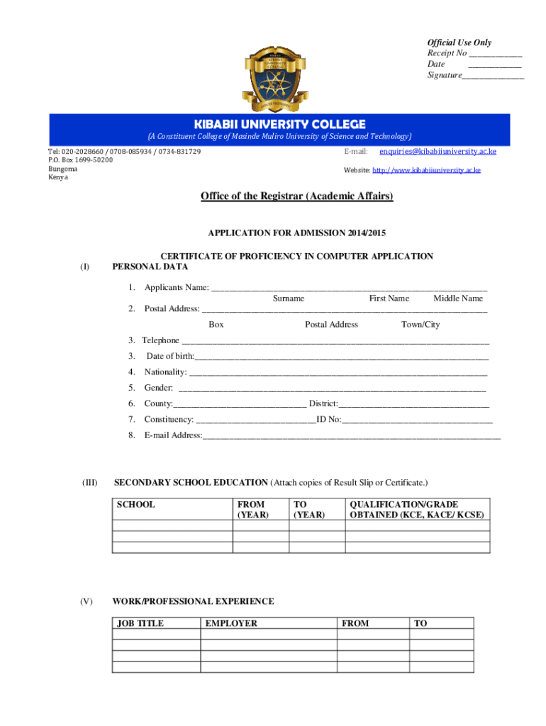 Fillable Online kibu ac kasneb application for admission form (i) Fax ...