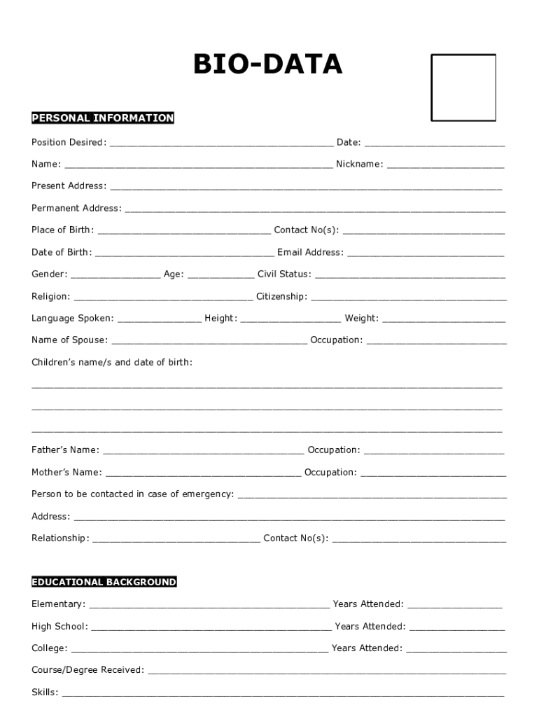 Fillable Online Printable Biodata Form Philippines PDF Free Download Fax Email Print - pdfFiller