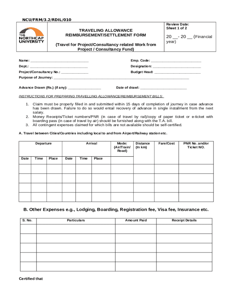 travelling allowance reimbursement settlement Doc Template | pdfFiller
