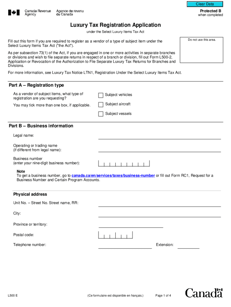 Fillable Online Luxury Tax Registration Application under the Select Luxury Items Tax Act. L500 ...