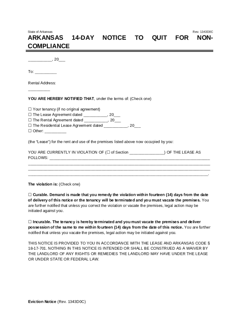 Arkansas 14-Day Notice to Quit Non-Compliance Doc Template | pdfFiller