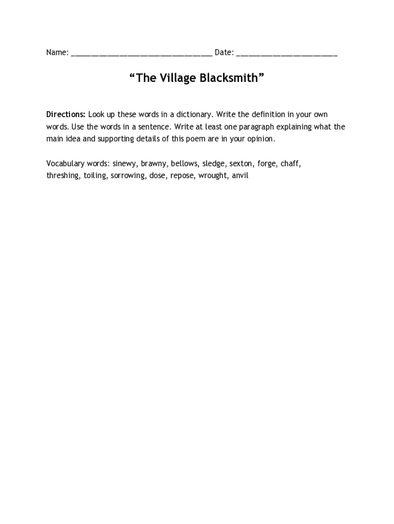Fillable Online etc usf THE VILLAGE BLACKSMITH Definition & Usage ...