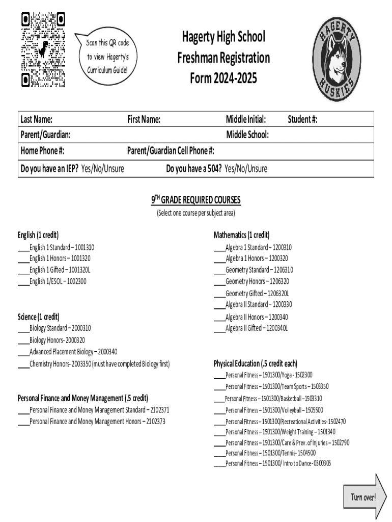 Fillable Online Hagerty High School Freshman Registration Form 23-24 ...