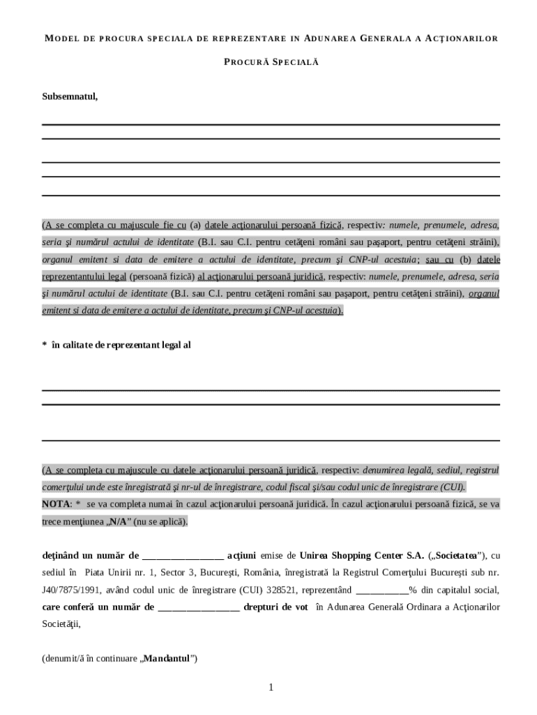 Model de procura speciala de reprezentare in Adunarea ... Doc Template ...