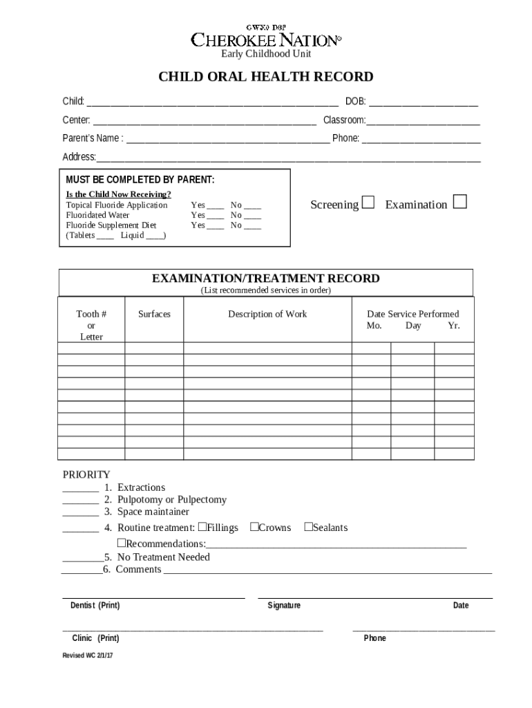 child oral health record Doc Template | pdfFiller