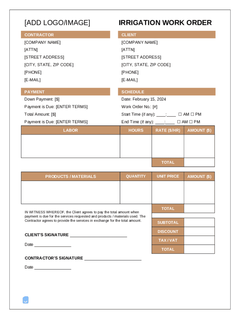 Irrigation Work Order Template - Invoice Maker Doc Template | pdfFiller