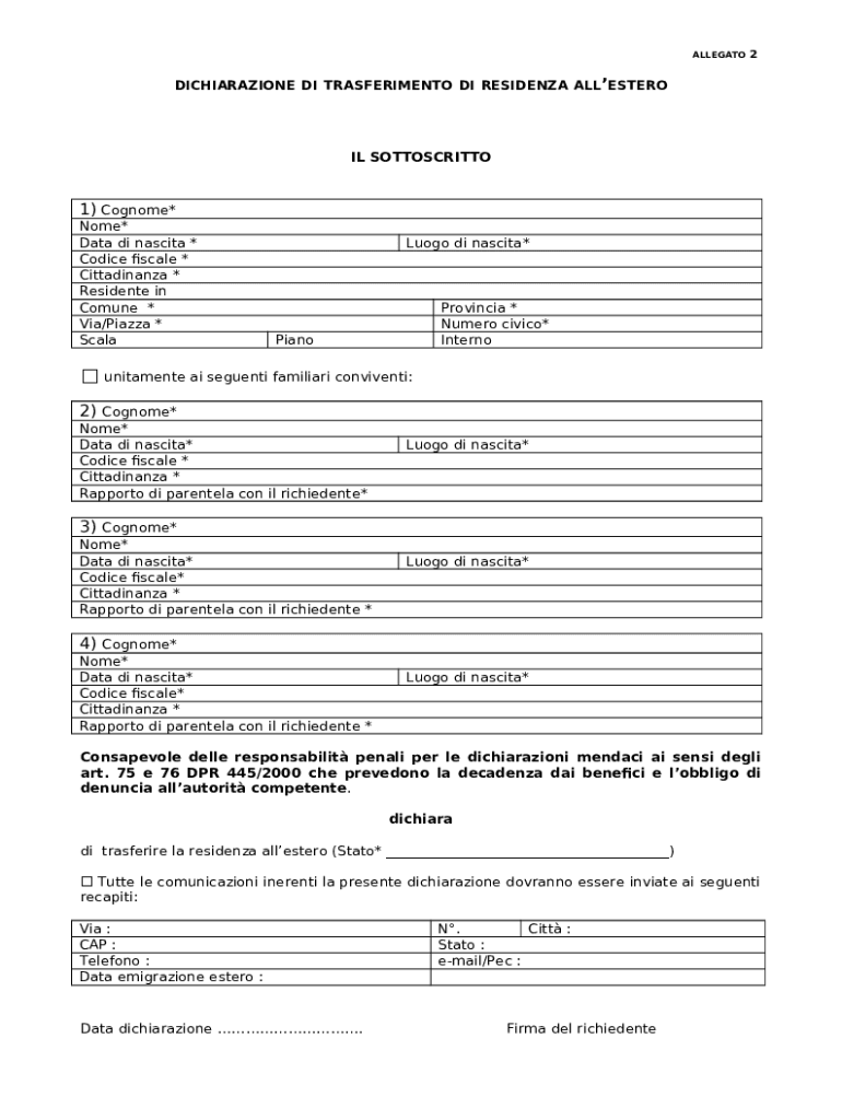 DICHIARAZIONE DI TRASFERIMENTO DI RESIDENZA ... Doc Template | pdfFiller