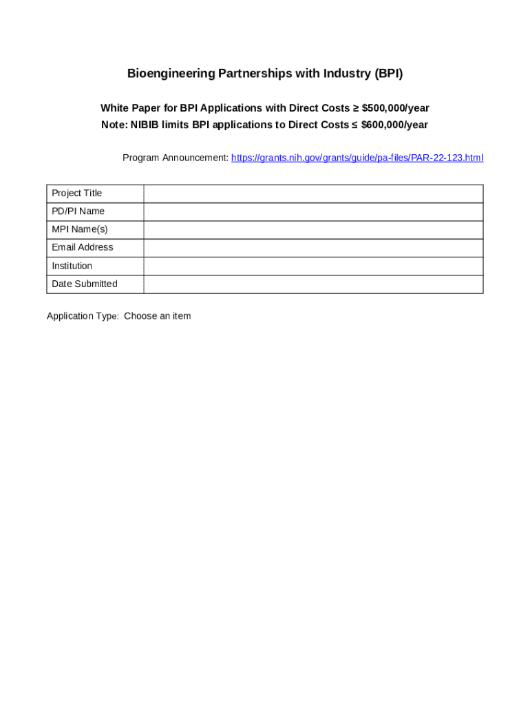 Bioengineering Partnerships with Industry (BPI). for Bioengineering Partnerships with Industry ...