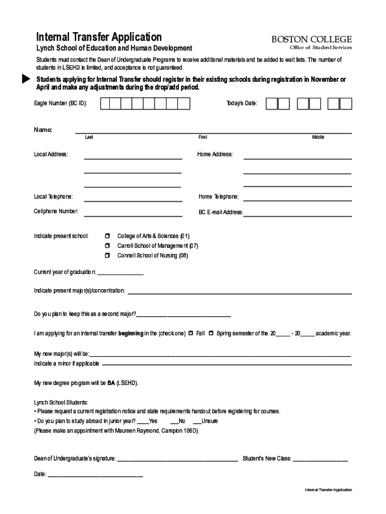 Fillable Online Internal Transfer - Lynch School of Education and Human ...