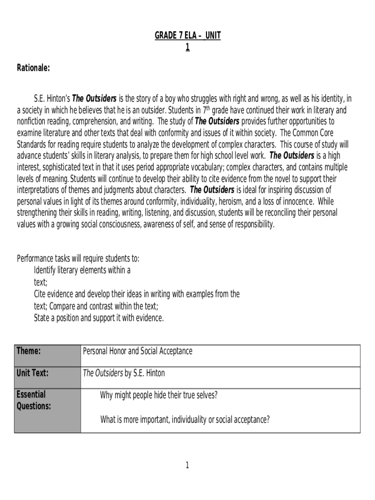UNIT 2 Rationale: S.E. Hinton's The Outsiders is - Studylib Doc ...