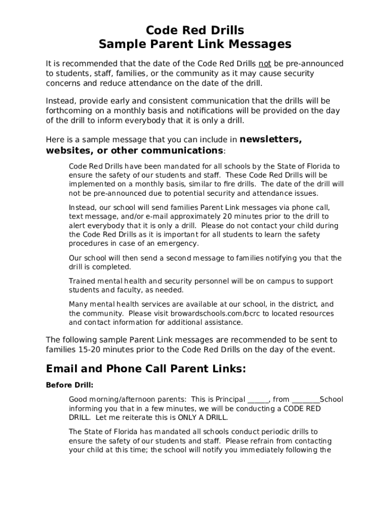 Code Red Drills Sample Parent Link Messages Doc Template | pdfFiller