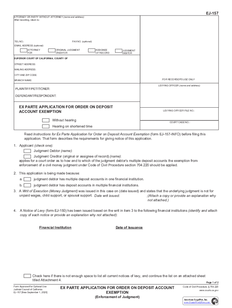 Fillable Online EJ-157 EX PARTE APPLICATION FOR ORDER ON DEPOSIT ...