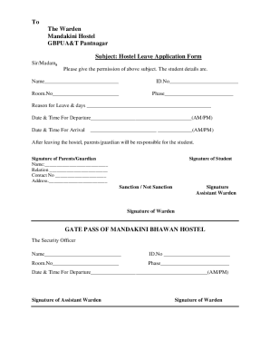 Fillable Online Hostel Leave Application Form Fax Email Print - pdfFiller