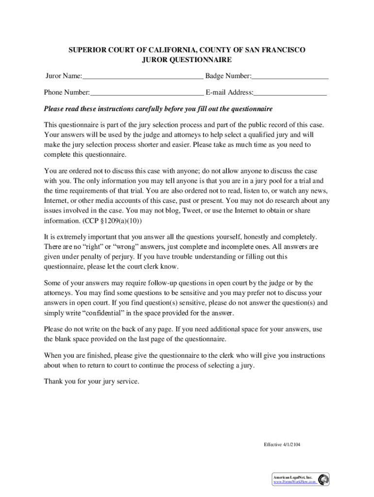 Fillable Online Juror Name: Badge Number: Fax Email Print - pdfFiller