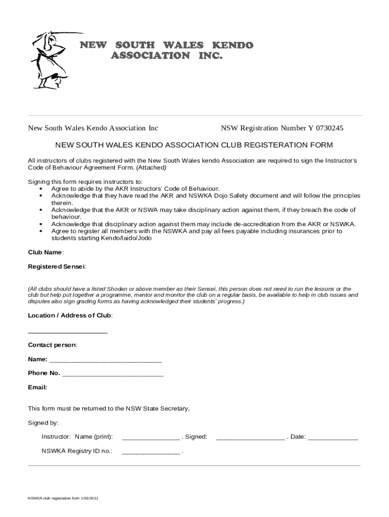NSWKA club registration Doc Template | pdfFiller