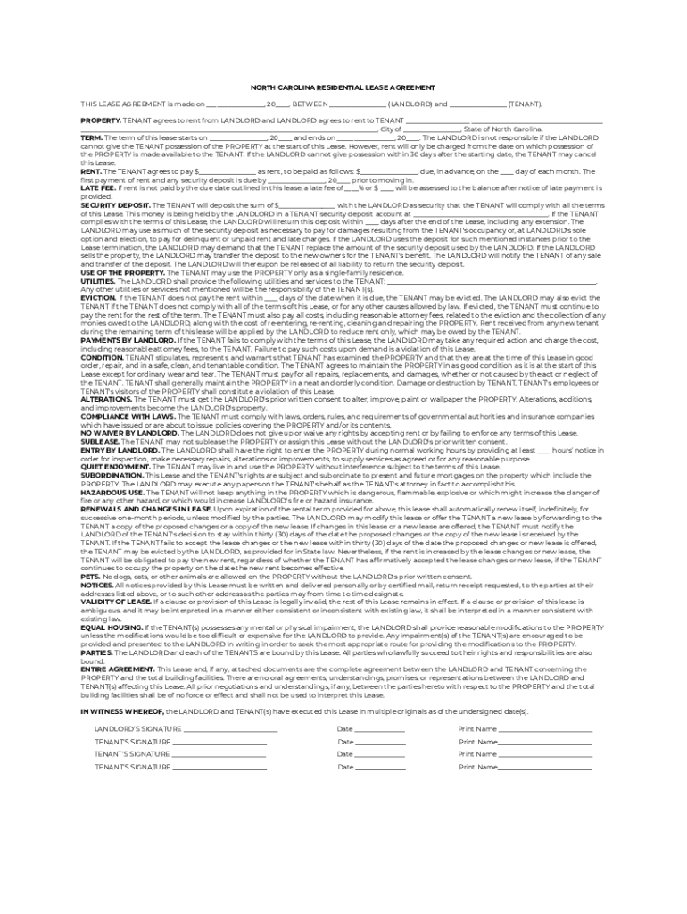 Fillable Online Free North Carolina Residential Lease Agreement ...