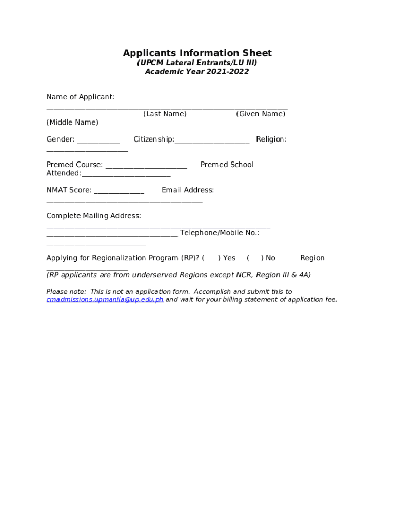 Applicants Ination Sheet Doc Template | pdfFiller