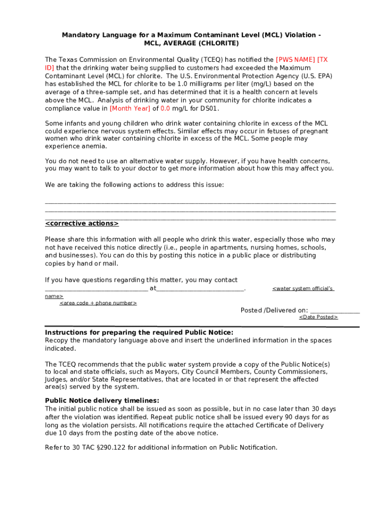 Mandatory Language for a Maximum Contaminant Level (MCL) Violation ...