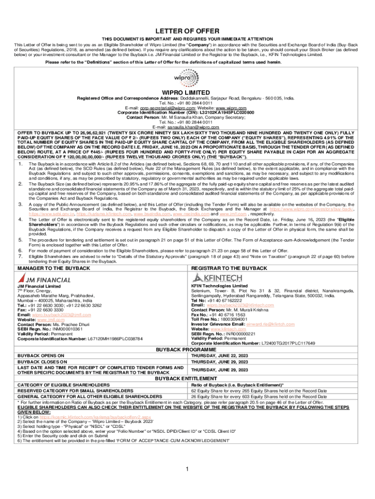 Fillable Online wipro-letter-of-offer-for-buyback.pdf - LETTER OF OFFER ...