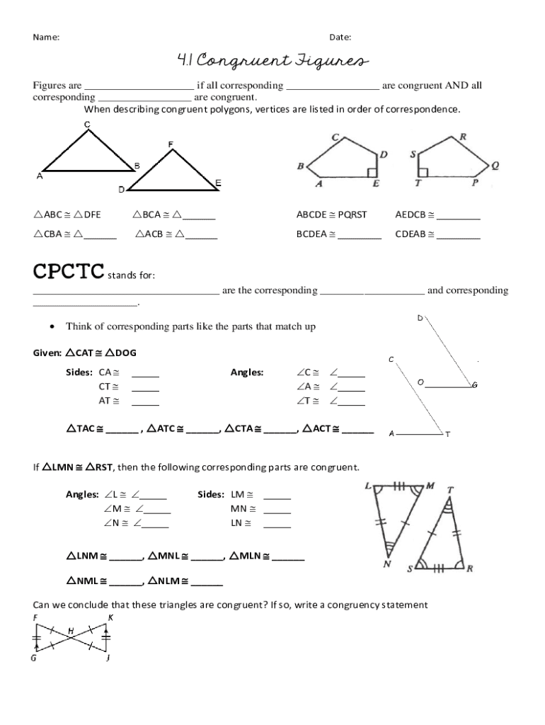 Fillable Online 1. Identify the corresponding parts of congruent ...