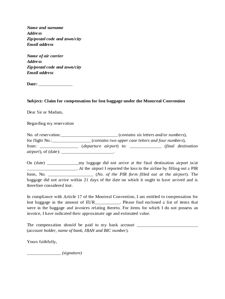 Template letter ECC: lost baggage claim Doc Template | pdfFiller