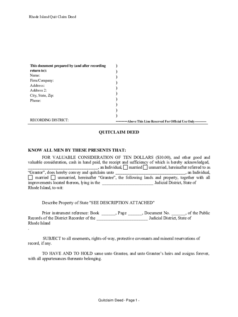 Rhode Island Quit Claim Deed Form - Fill Online, Printable, Fillable, Blank | pdfFiller