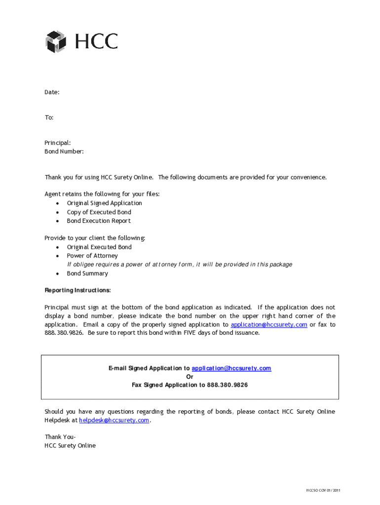 Fillable Online hccso hccsurety Tokio Marine HCC Logo - Surety Bond ...