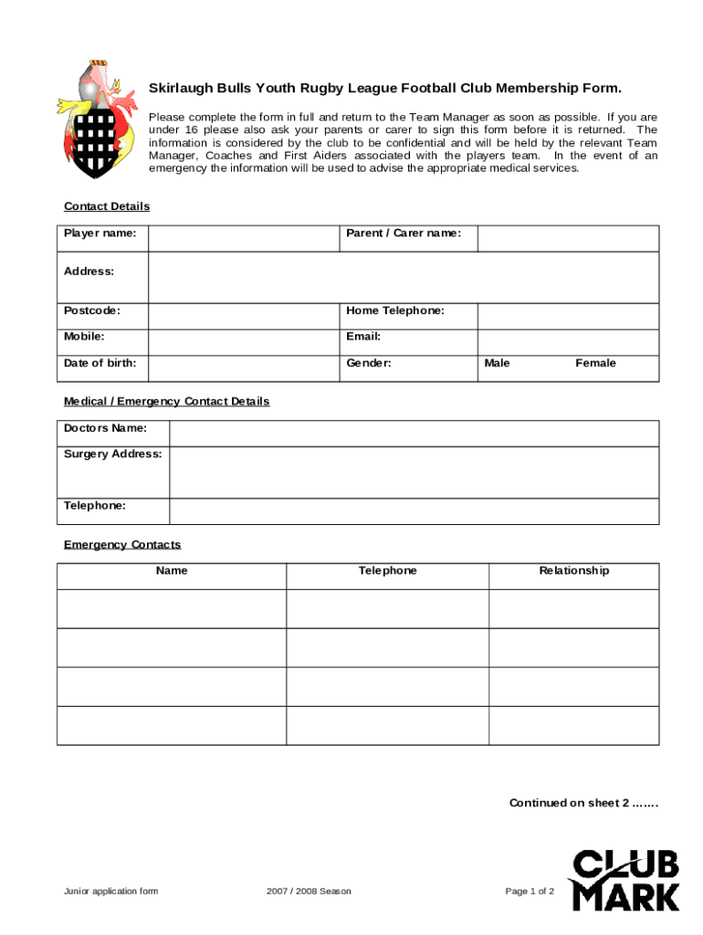 Skirlaugh Bulls Youth Rugby League Football Club Membership Doc ...