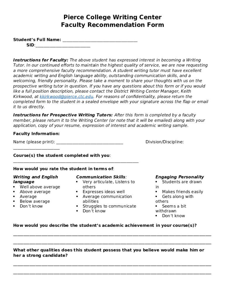 Pierce College Writing Center Faculty Recommendation Doc Template ...
