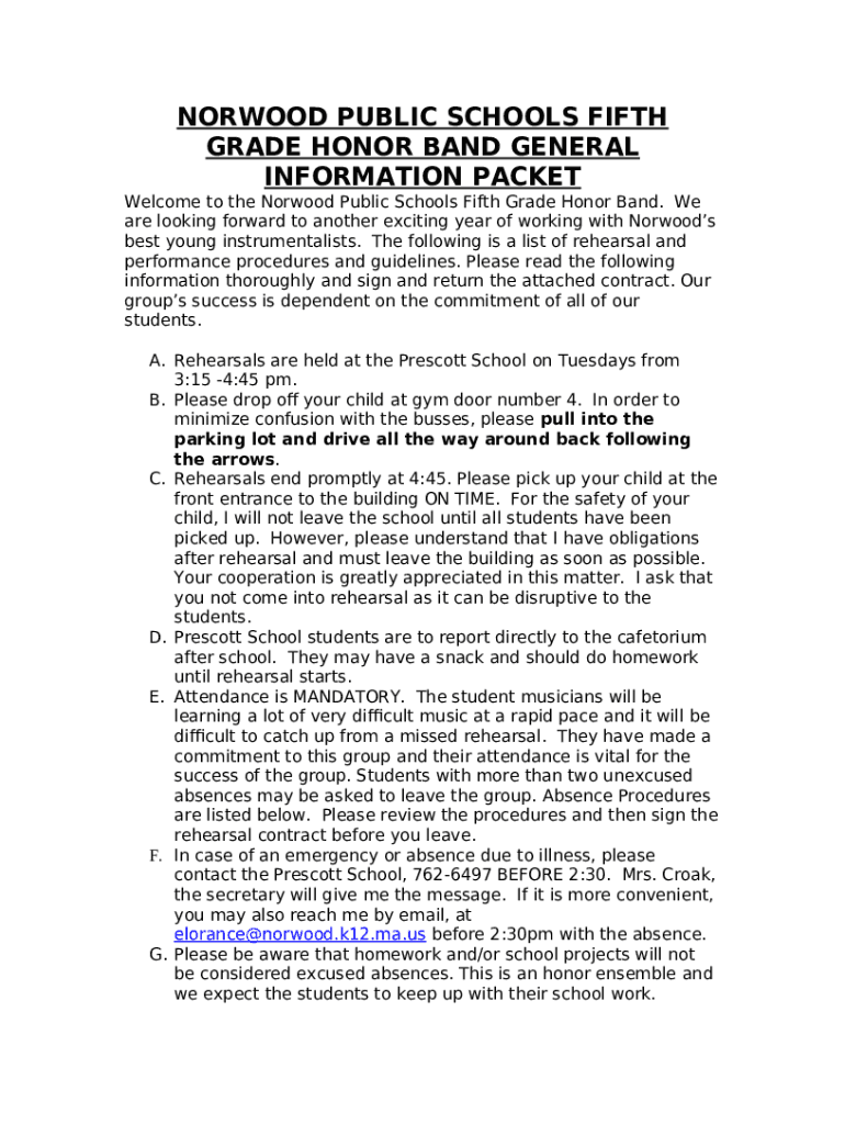 To: Fifth Grade Honor Band Parents and Students Doc Template | pdfFiller