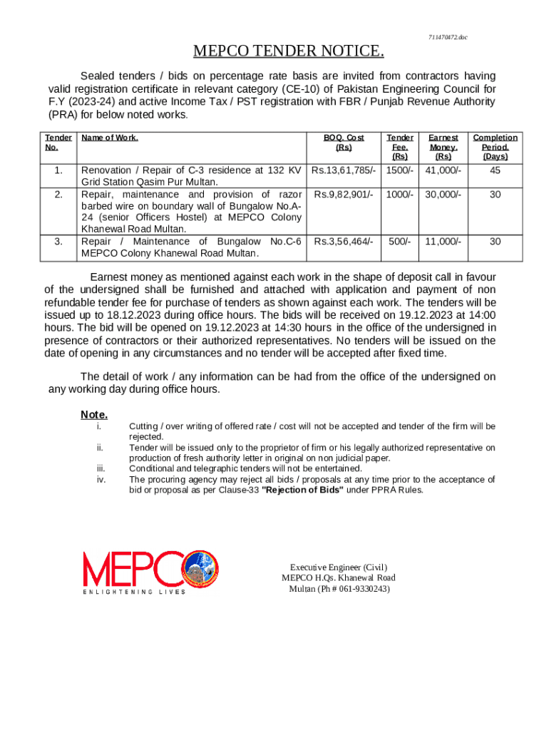 MEPCO Tenders In MultanEquipments Required ... Doc Template | pdfFiller