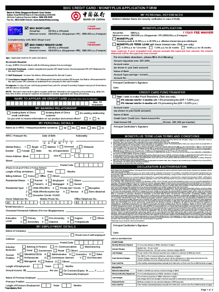 Fillable Online Fees and Charges for BOC Credit Cards/MoneyPlus ... Fax ...