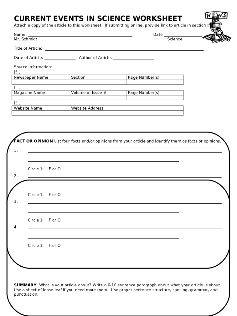 Science Current Event Worksheet: No Prep Sub Plans Doc Template | pdfFiller