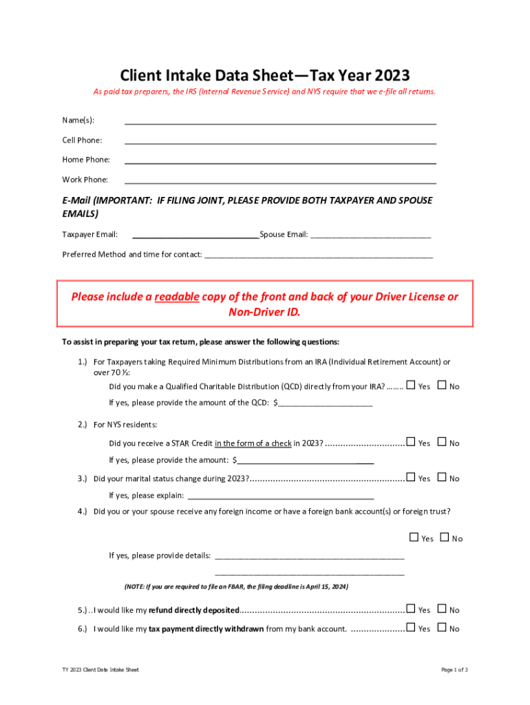 Fillable Online TY 2023 Tax Intake Sheet Fax Email Print - pdfFiller